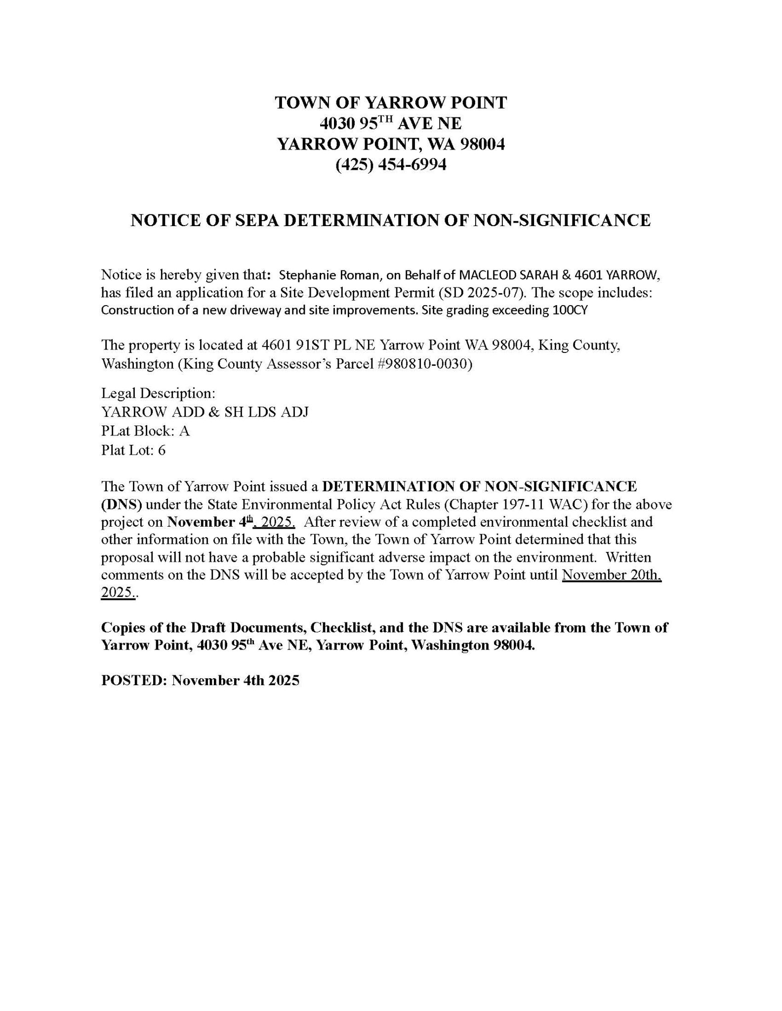 NOTICE OF APPLICATION FOR SEPA DETERMINATION OF NON-SIGNIFICANCE: 4601 ...
